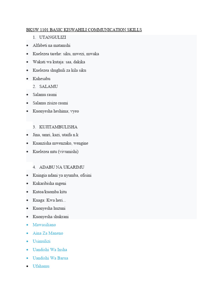 KSW 1101 Basic Kiswahili Communication Skills | PDF