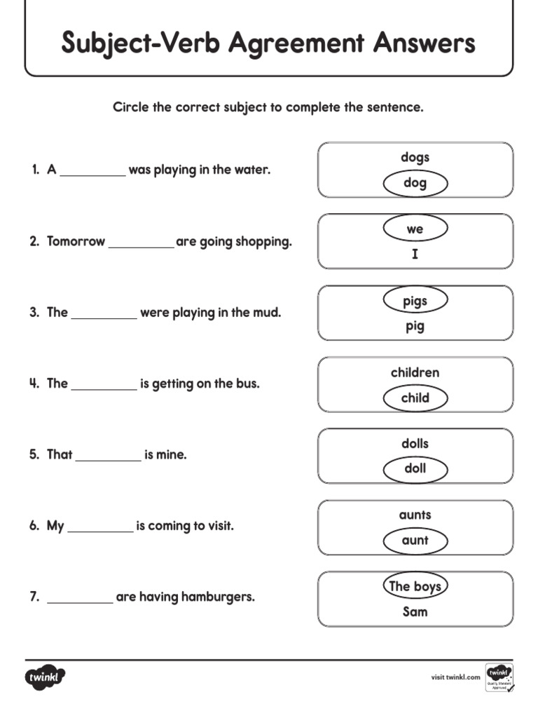 Answer Key Subject Verb Agreement Activity Sheet | PDF