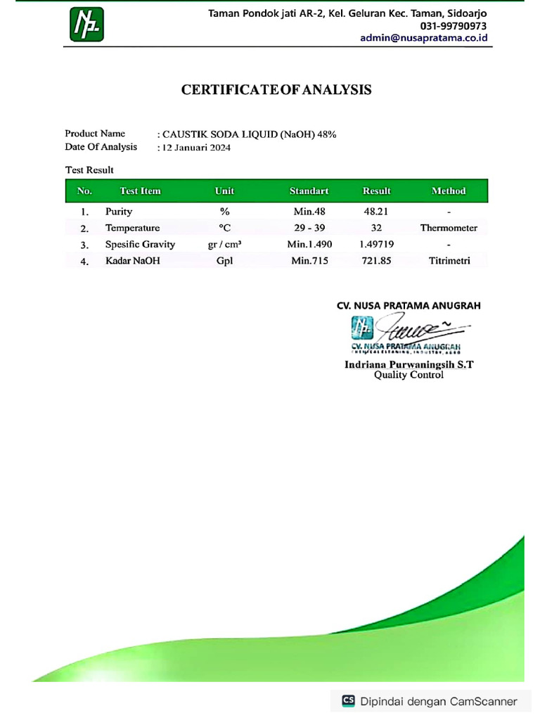 COA Caustic Soda Liquid 48 | PDF