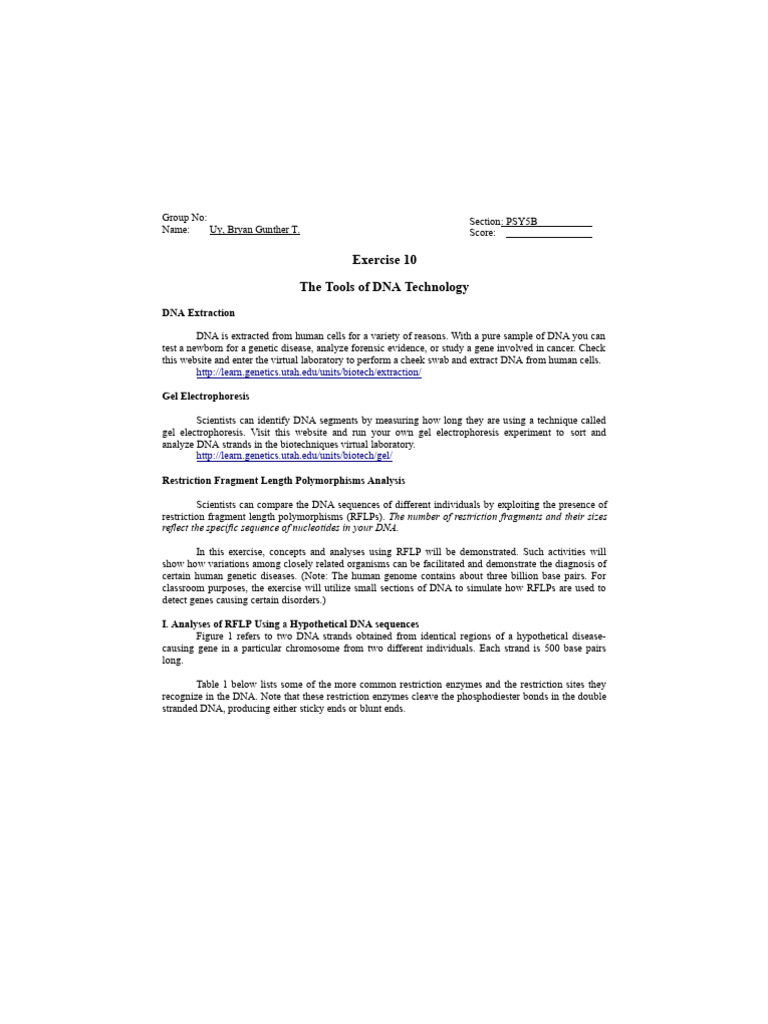 Genetics Lab Exercise 10 - The Tools of DNA Technology | PDF ...