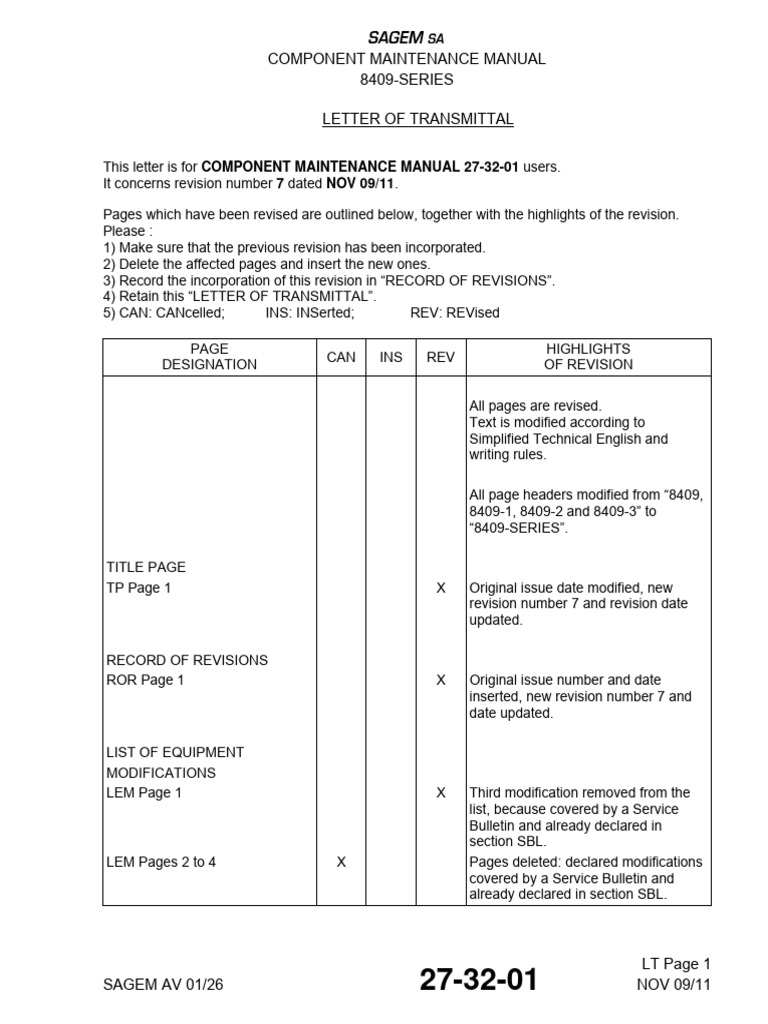 Component Maintenance Manual 8409-SERIES Letter of Transmittal | PDF ...