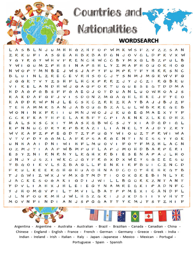 197 Word Search Countries and Nationalities Wordsearches 136501 | PDF