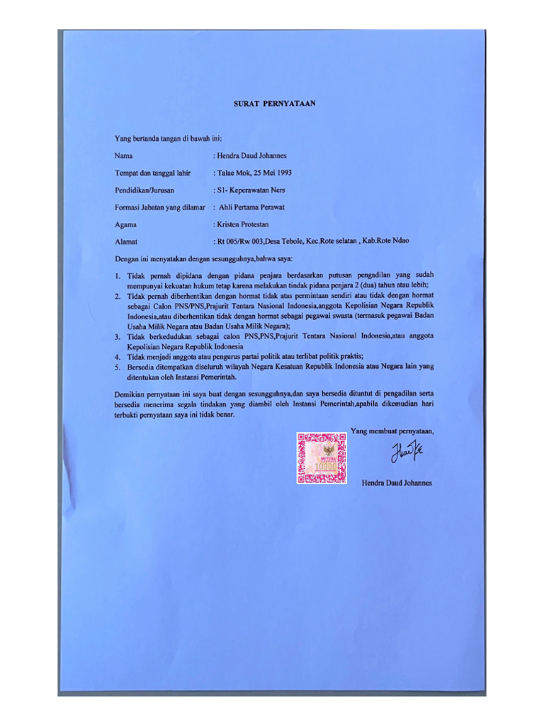 Surat Pernyataan Hendra Materai | PDF