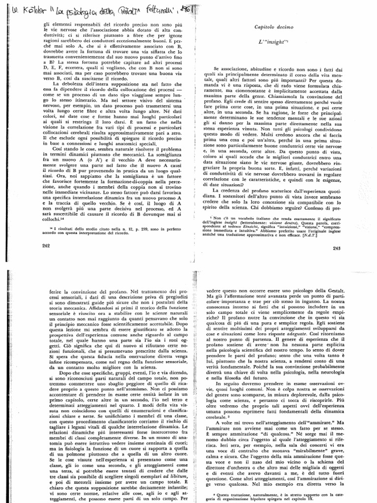 Koehler La Psicologia Della Gestalt, Feltrinelli, 1961, Capitolo 10 Â Lâ Insightâ Pp. 243-272 | PDF