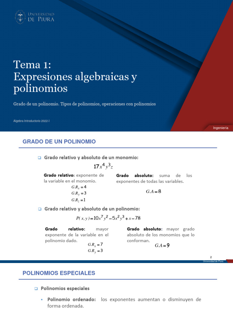 Grado de Un Polinomio. Tipos de Polinomios, Operaciones Con Polinomios | PDF | Matemáticas De La ...
