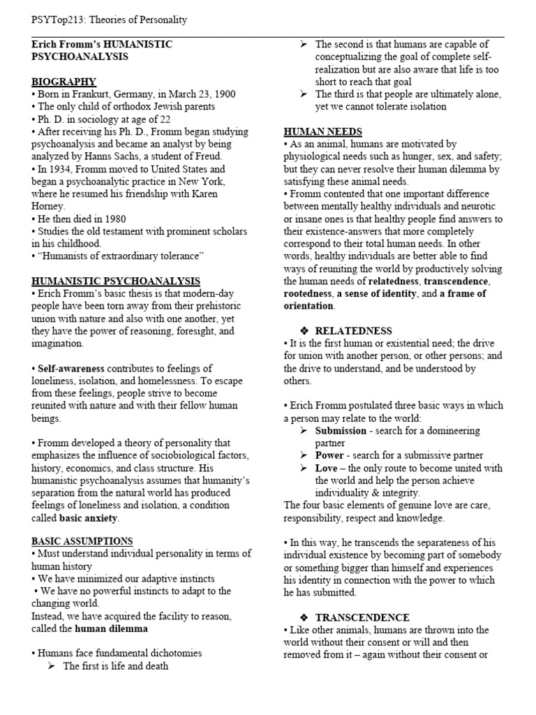 Erich Fromm's HUMANISTIC Psychoanalysis Biography: Basic Assumptions ...