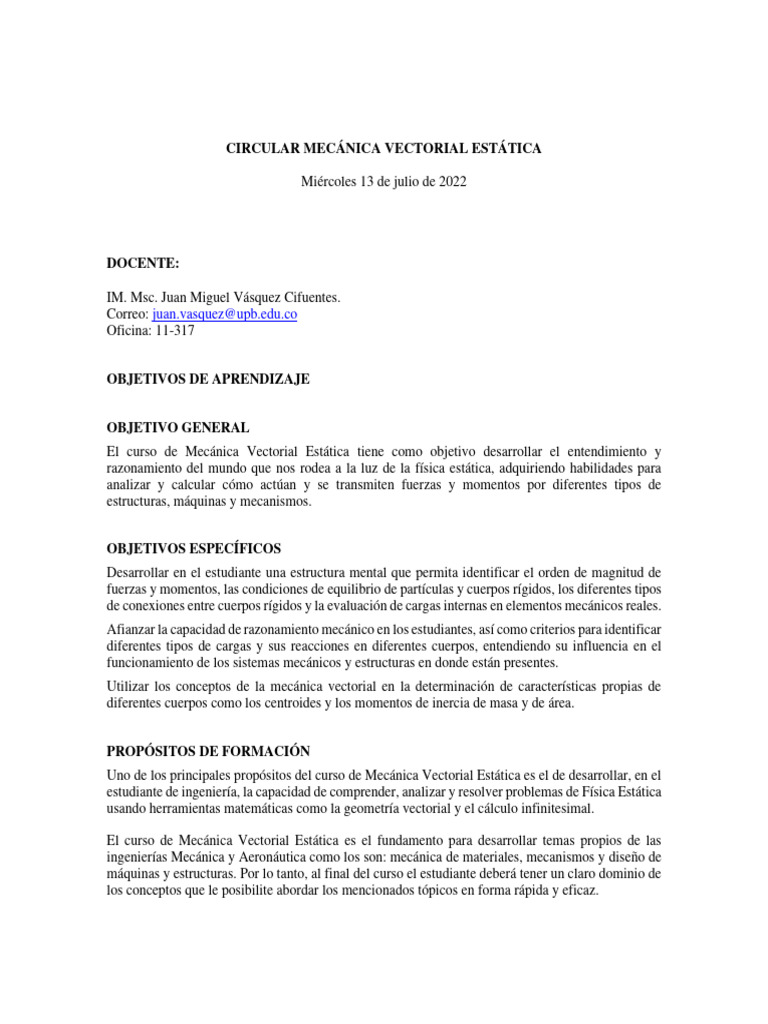ESTAT 0 1 Circular Mecanica Vectorial Estatica | PDF | Fuerza | Vector Euclidiano
