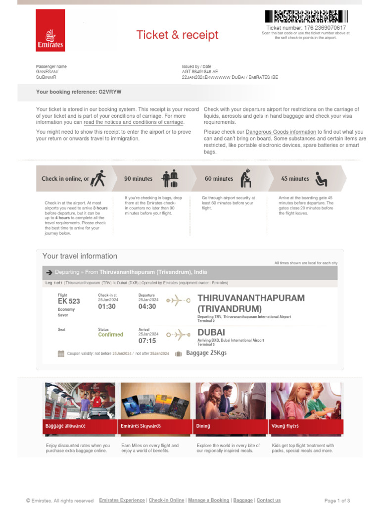 Emirates Ticket 1 | PDF | Baggage | Aviation