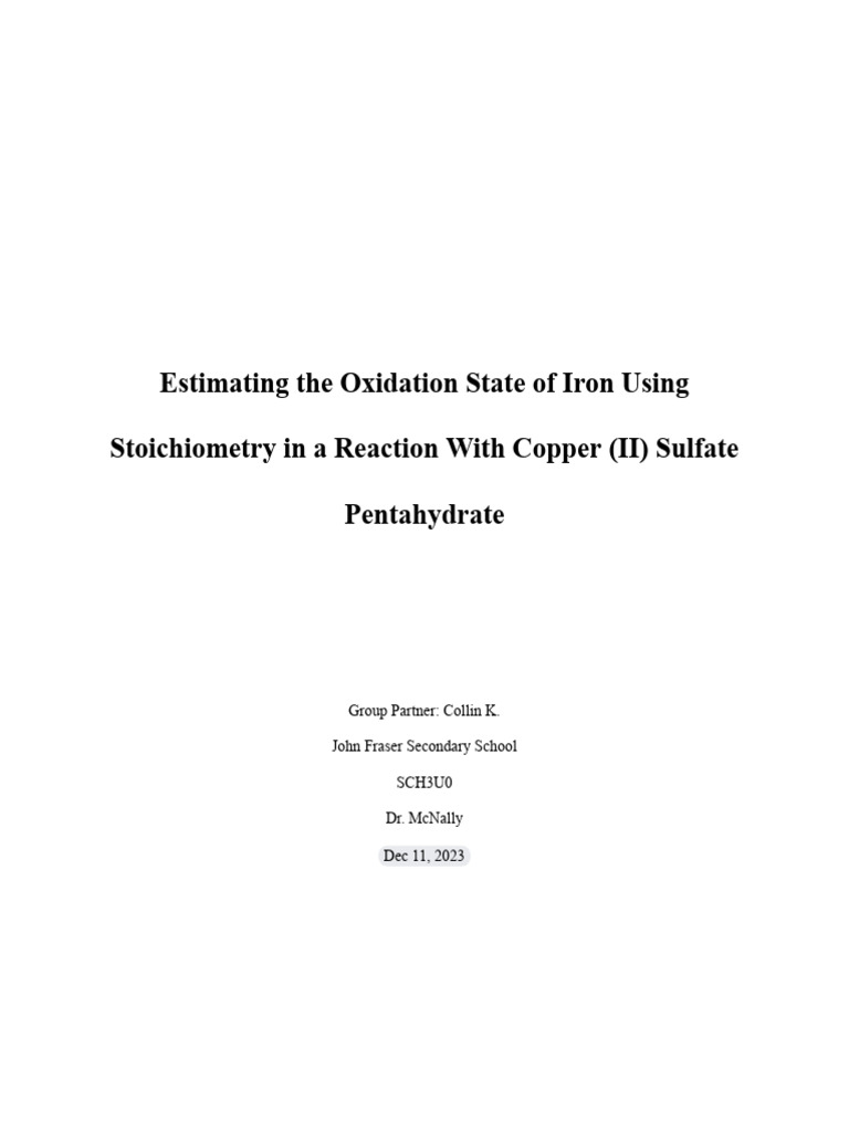 SCH3U0 Stoichiometry Lab | PDF | Iron | Chemical Reactions