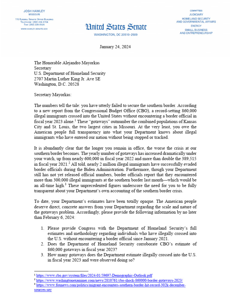 Hawley Letter To Mayorkas On Gotaways | Download Free PDF ...