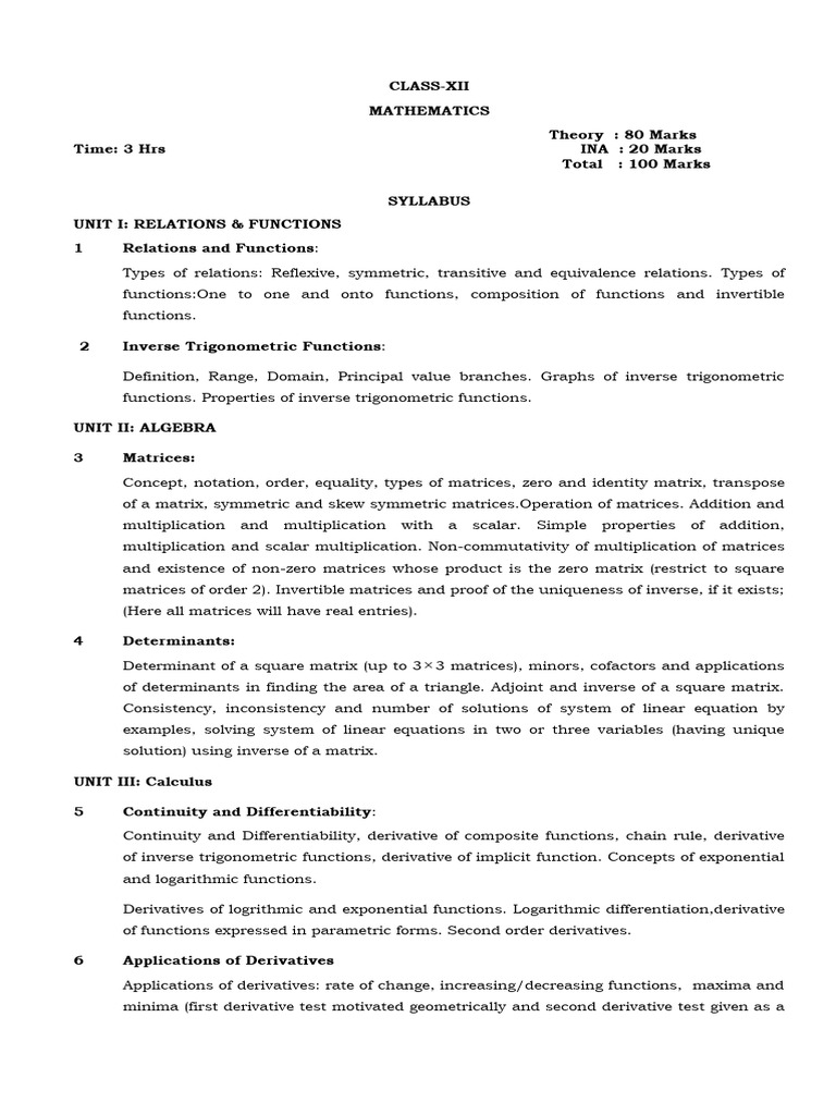 Class 12 Mathematics Syllabus | PDF