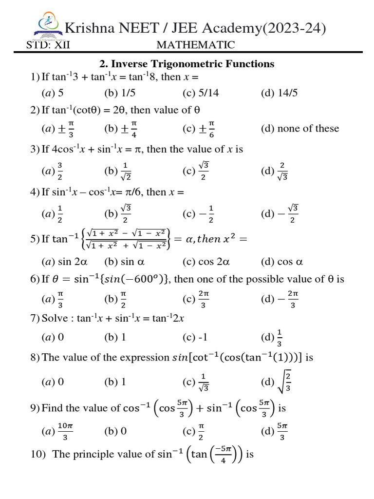 Inverse Trigonometric Functions | PDF | Teaching Methods & Materials