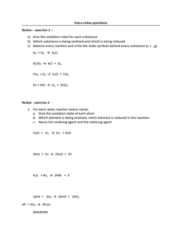 WS 8 Extra Redox Questions | PDF | Redox | Oxidizing Agent