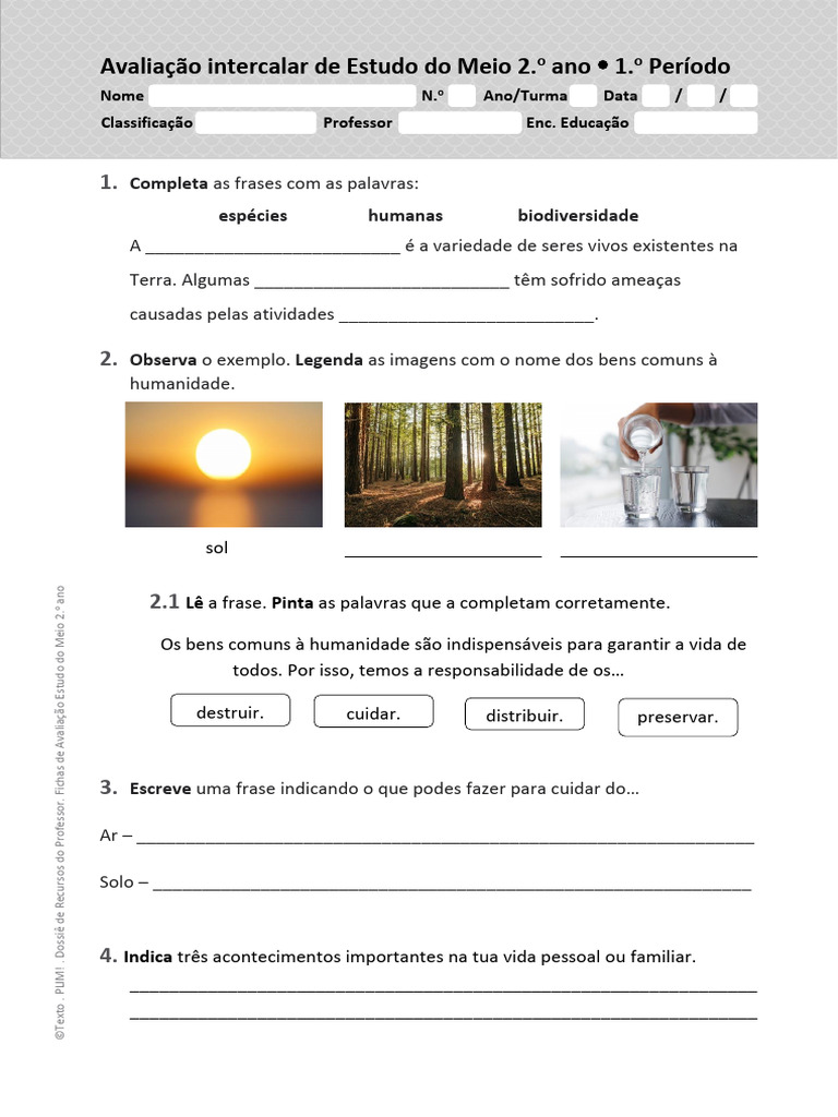 NL EM Ficha Intercalar 1 Periodo 2 Ano | PDF