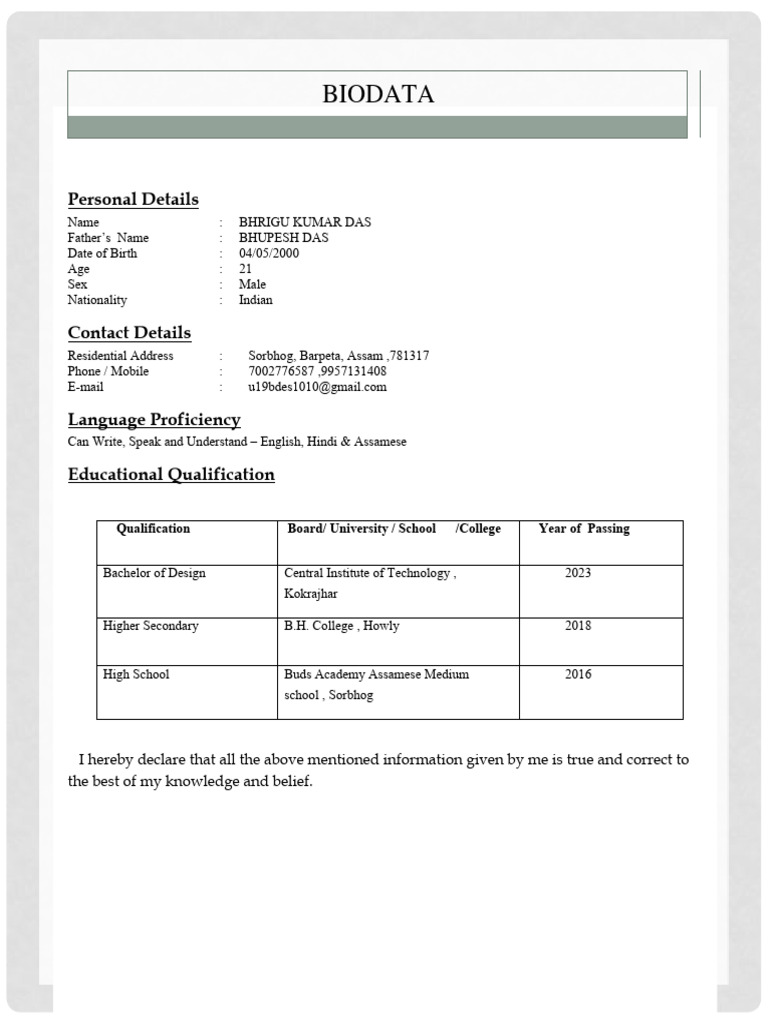 BIODATA of BHRIGU KUMAR DAS | PDF