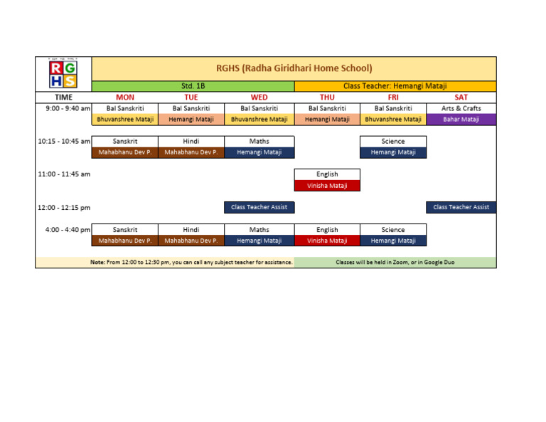 Std. 1B Weekly Class Schedule | PDF