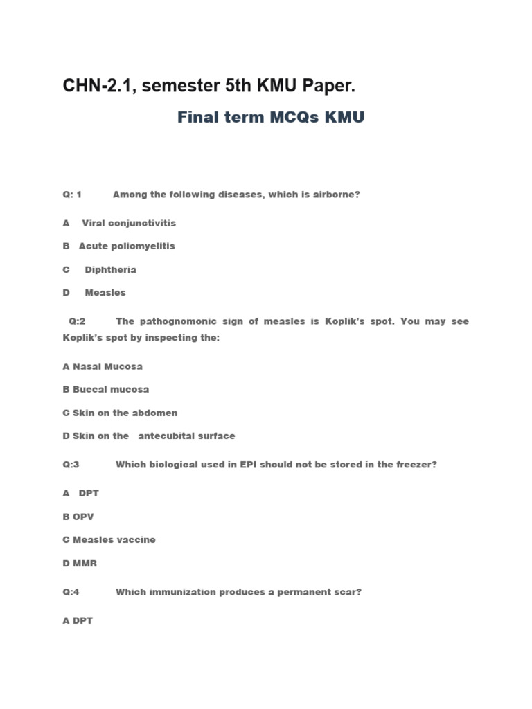 KMU Semester 5 Final MCQs Exam | PDF | Childbirth | Vaccines