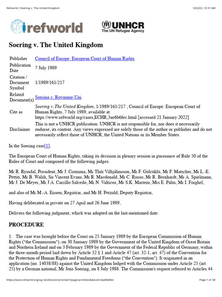 Soering v. UK | PDF | Extradition | Murder