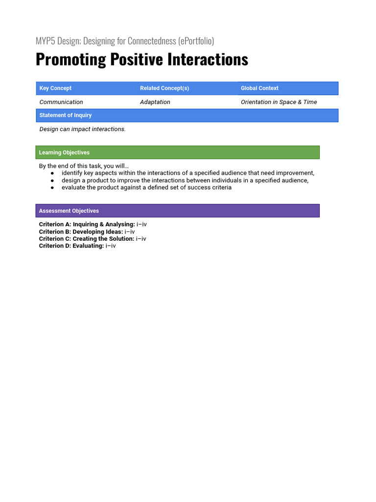(MYP5 Design) Designing For Connectedness (EPortfolio) (TSC) | PDF ...
