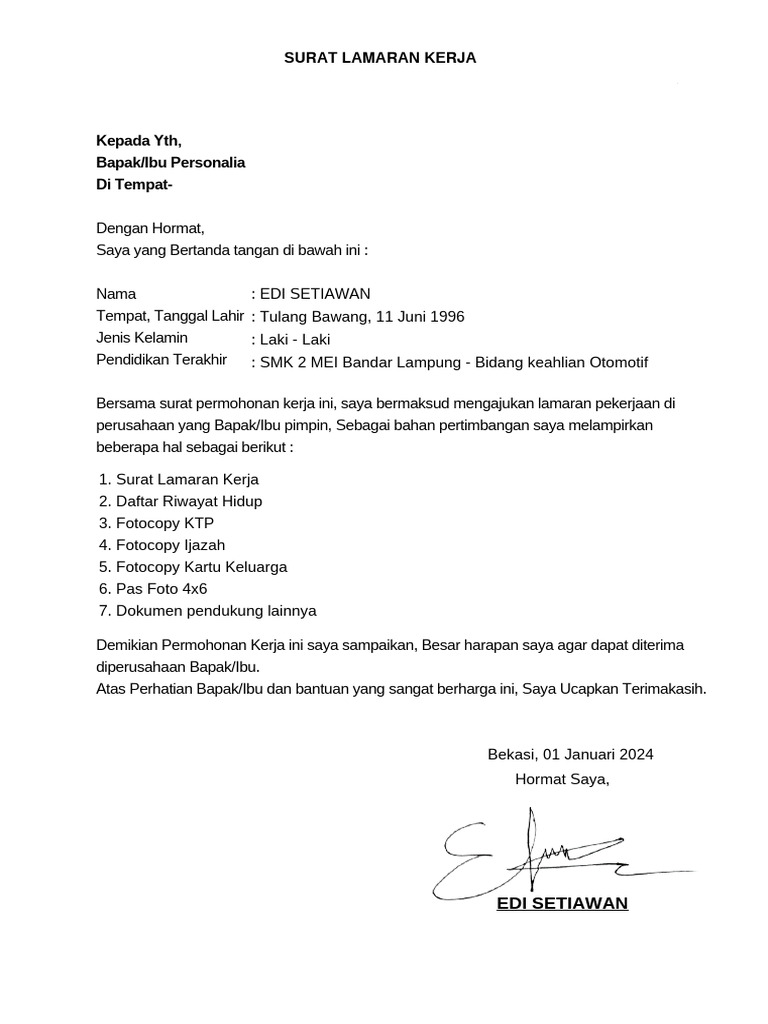 Surat Lamaran Kerja Edi Setiawan | PDF