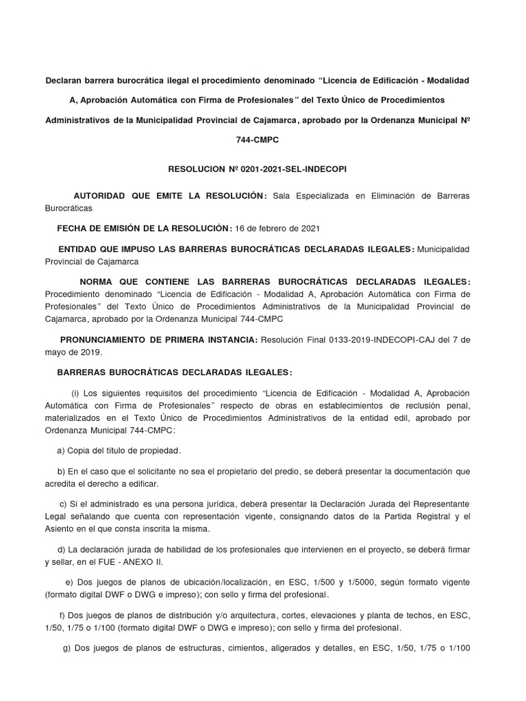 Resol Indecopi 01 Licencia de Edificación - Modalidad A | PDF | Gobierno | Justicia