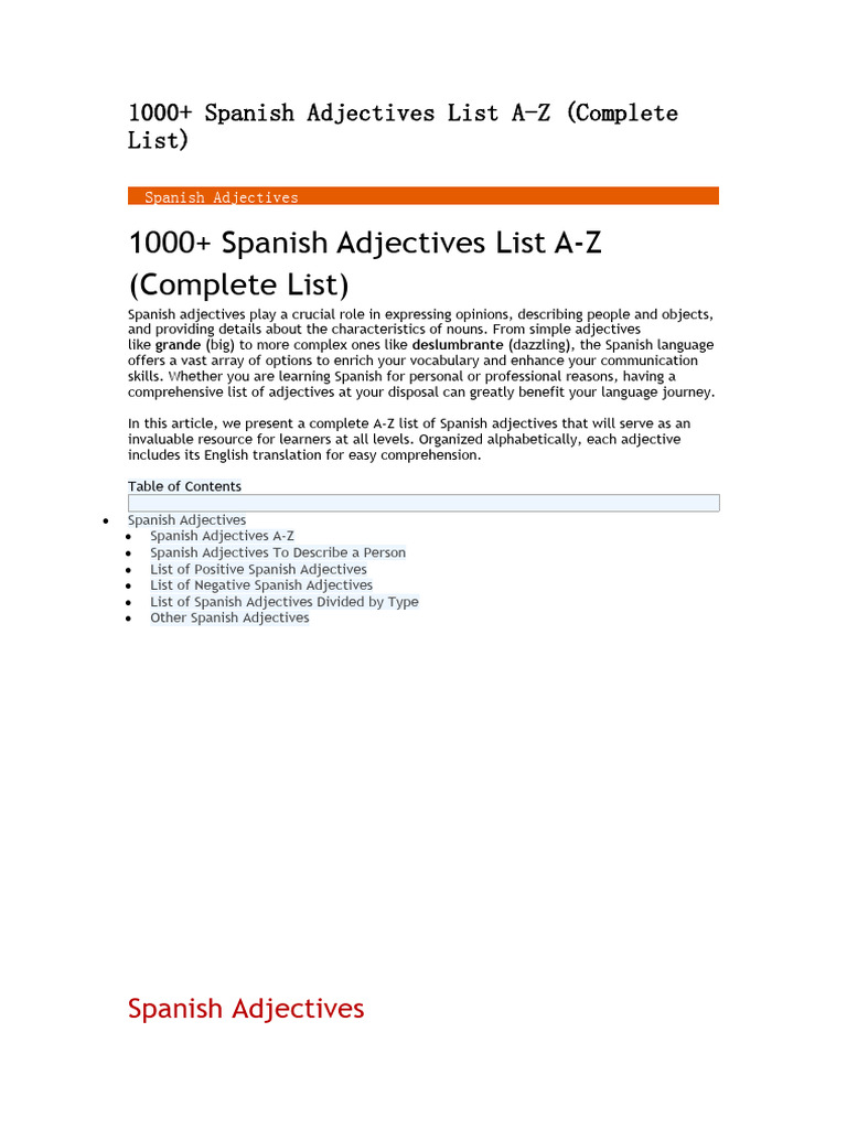 Spanish Adjectives | PDF | Grammatical Number | Grammatical Gender