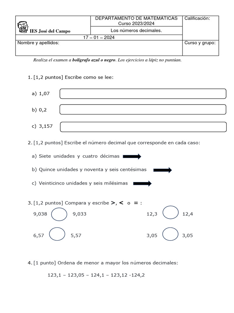 Examen Los Números Decimales - 17-01-2024 - Adaptado | PDF
