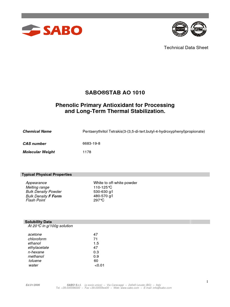 Sabostab Ao - 1010 (TDS) | PDF | Materials | Physical Chemistry