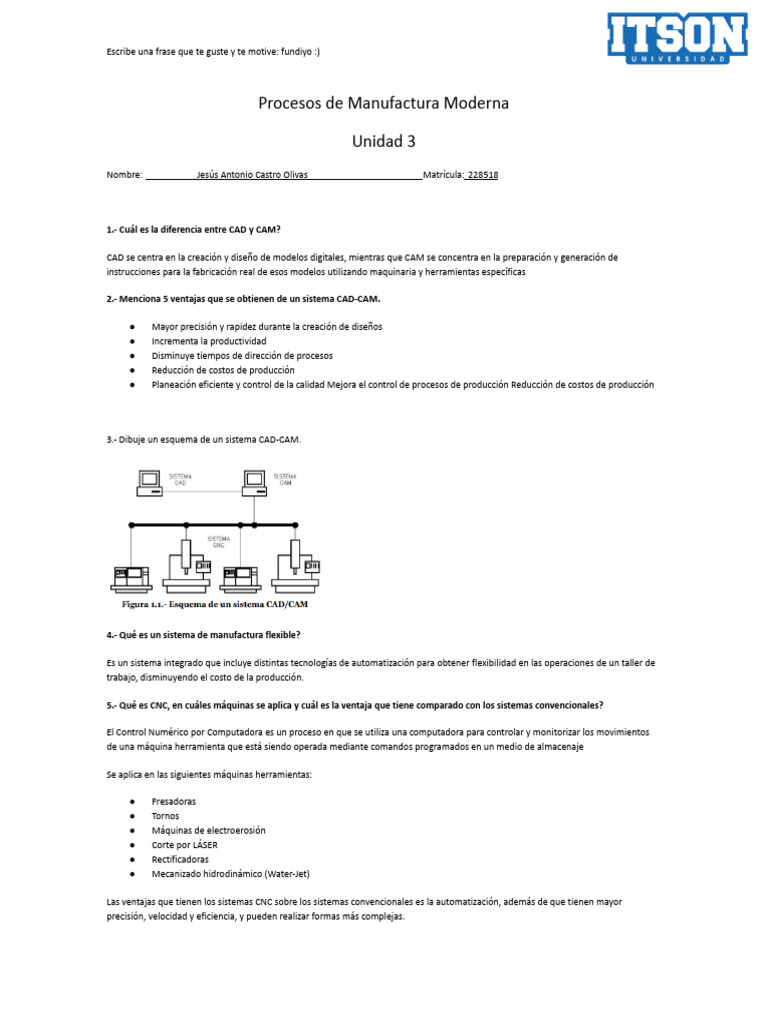 Exámen Unidad 3 Procesos de Manufactura Moderna | PDF | Tornillo | Control numerico