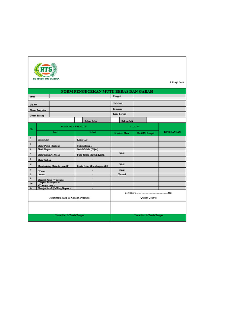 Form Pengecekan Mutu Beras Dan Gabah | PDF