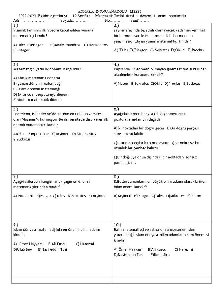 12.sinif Matematik Dersi 1.donem 1.yazili Sinav Sorulari 2022 2023 | PDF