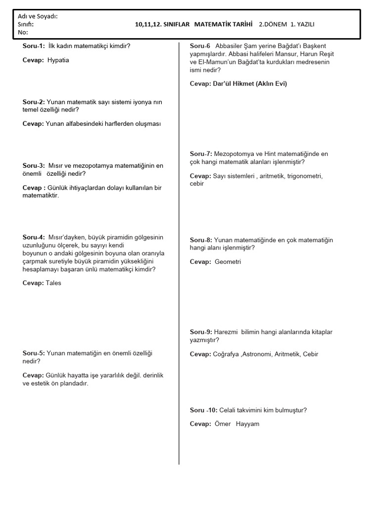 10 11 12.siniflar Matematik Tarihi Dersi 2. Donem 1. Yazili Sinav Sorulari Ve Cevaplari | PDF