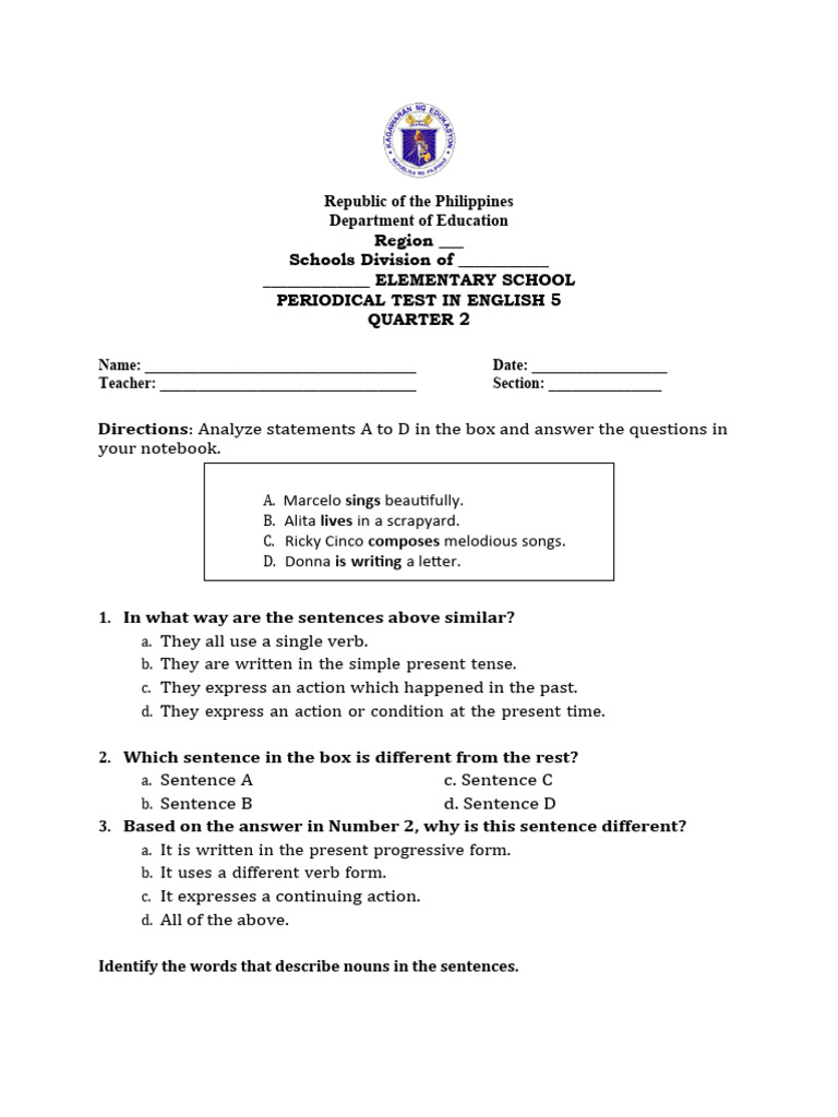 2ND Quarter Periodic Test Eng 5 | PDF | Multimedia | Verb