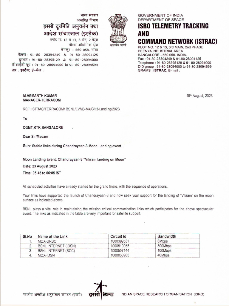 ISRO Communication Support Request | PDF