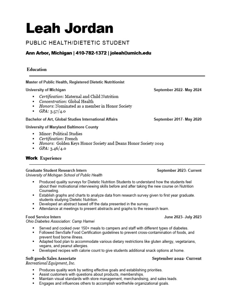 Leah Jordan Resume 2023-2024 | PDF | Dietitian | Health Care