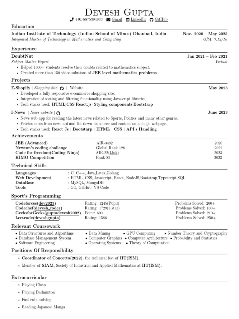 Devesh Gupta: Tech Skills & Achievements | PDF | Java Script | Bootstrap (Front End Framework)