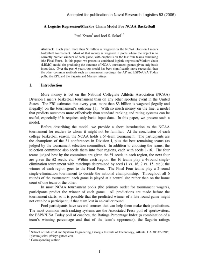 A Logistic Regression/Markov Chain Model For NCAA Basketball | PDF | Logistic Regression ...
