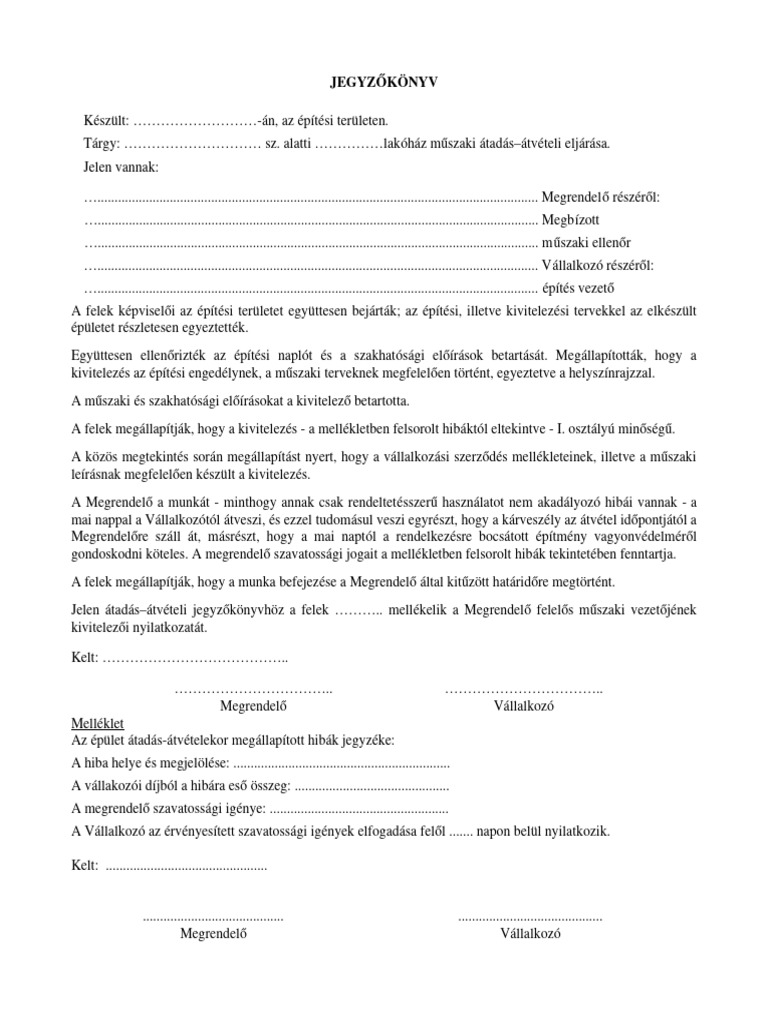 Letoltes Epiteshatosag Muszaki Atadas Atveteli Jegyzokonyv | PDF