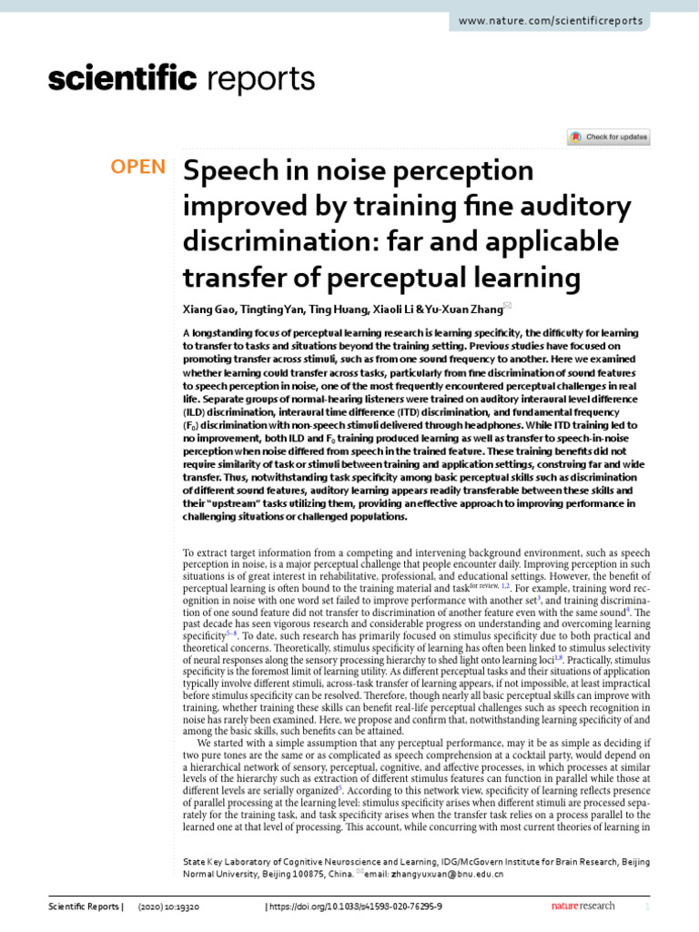 Speech in Noise Perception Improved by Training Fine Auditory ...