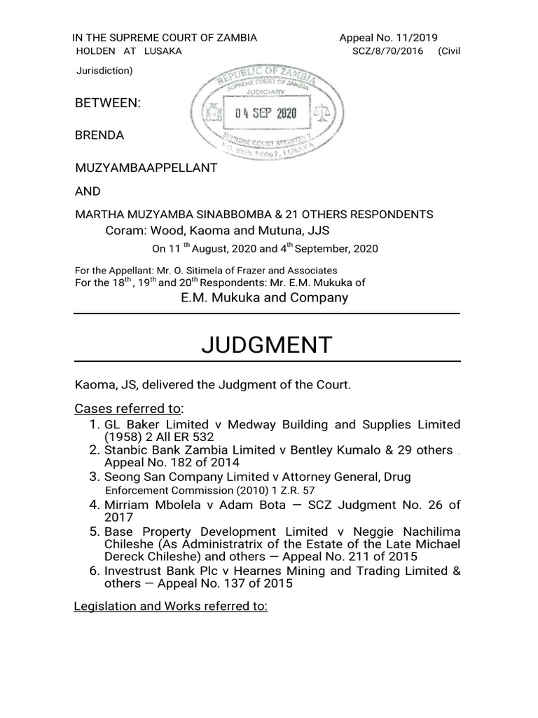 Brenda Muzyamba V Sinabbomba Others (Appeal 11 of 2019) 2020 ZMSC 78 (4 ...