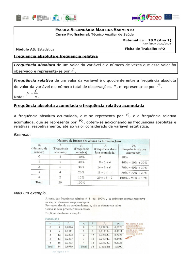 Ficha de Trabalho 2 - Modulo A3 - Tabelas e Graficos | PDF