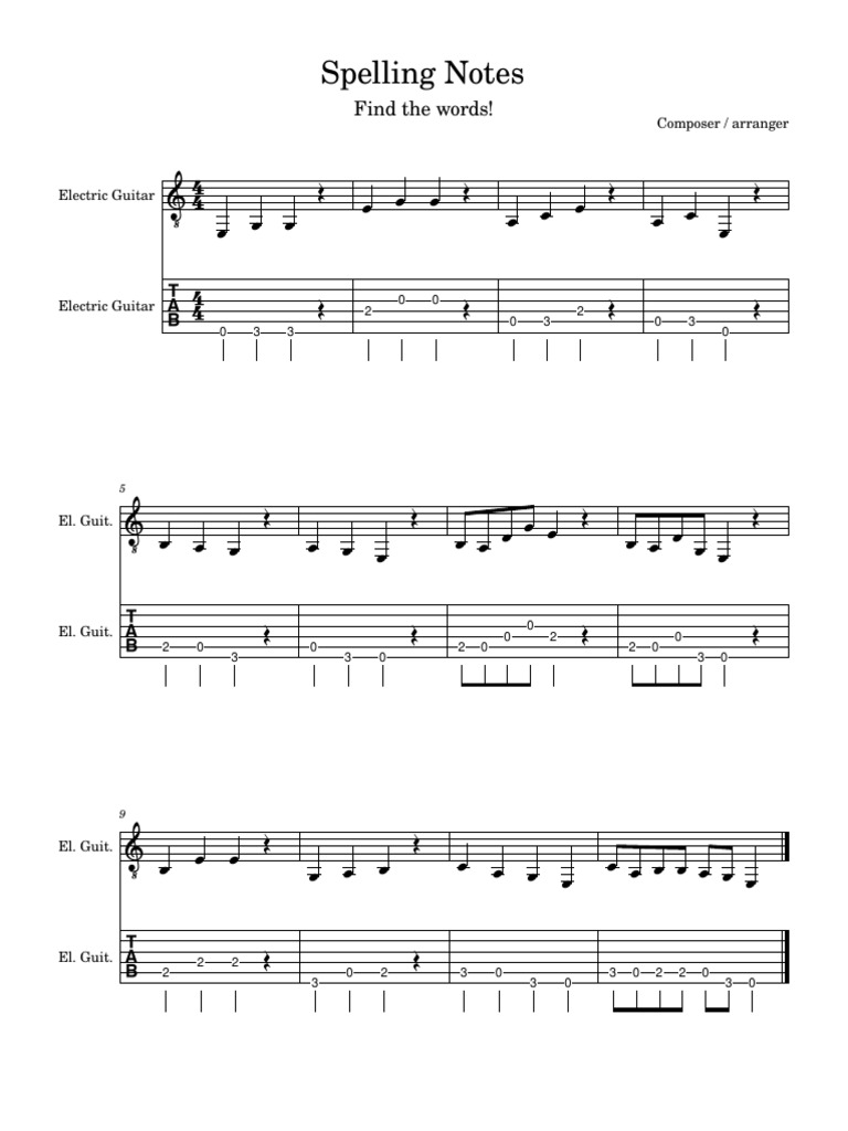 Spelling Notes Guitar Worksheet | PDF