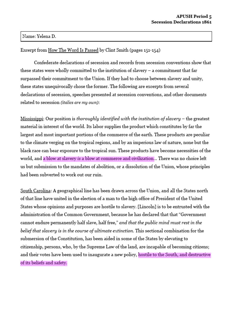 APUSH Declarations of Secession 1861 W/ Annotations | PDF | Confederate ...
