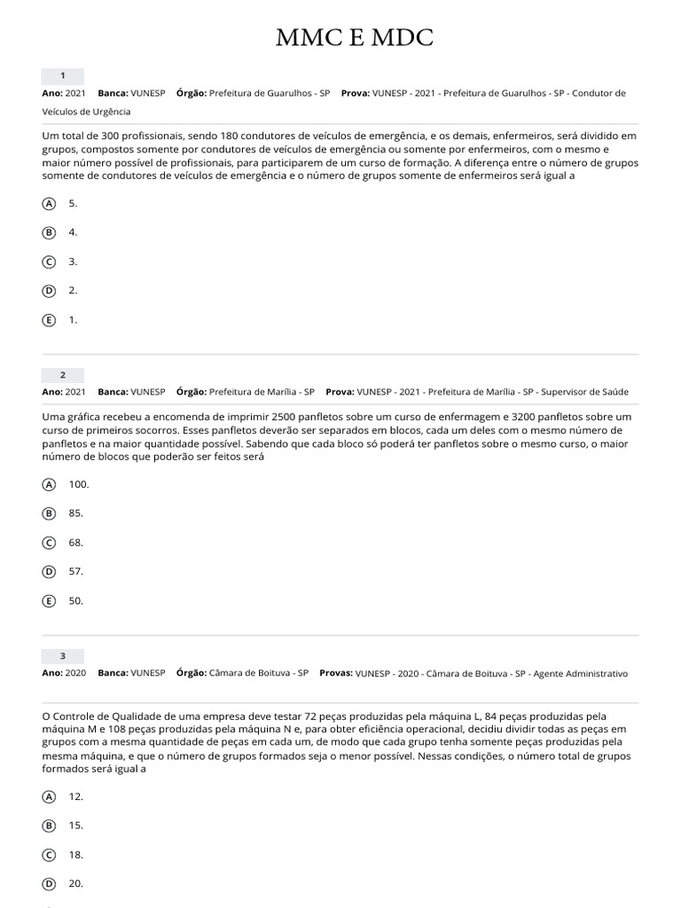 Exercícios MMC e MDC | PDF | Tempo | Enfermagem