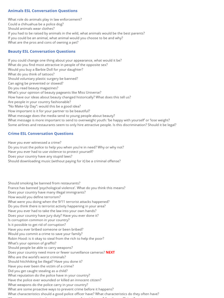 ESL Conversation Questions by Topic | PDF