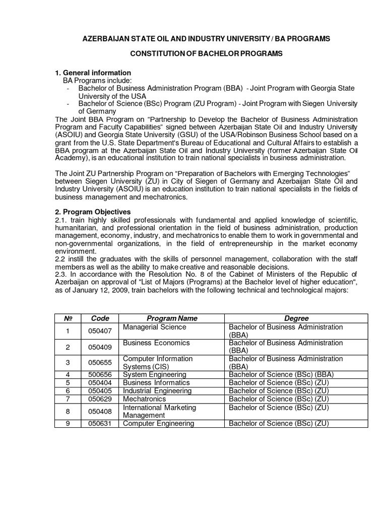 Azerbaijan State Oil and Industry University / Ba Programs Constitution ...