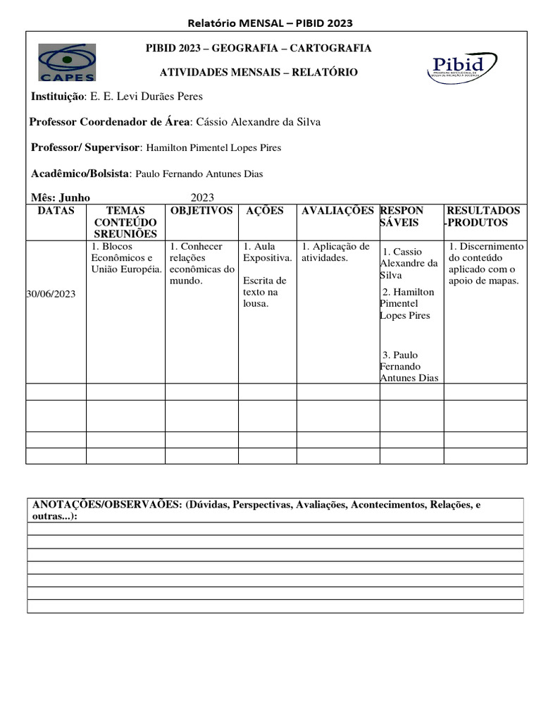 Relatório Junho PIBID - 2023 | PDF