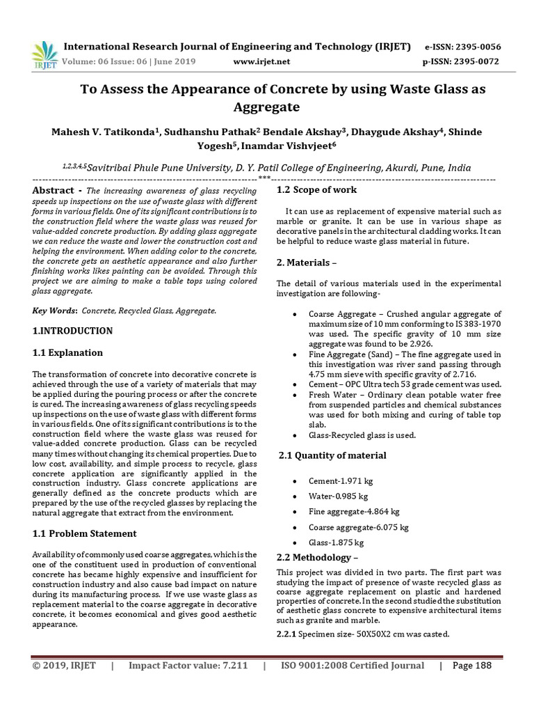 To Assess The Appearance of Concrete by Using Waste Glass As Aggregate | PDF | Concrete ...