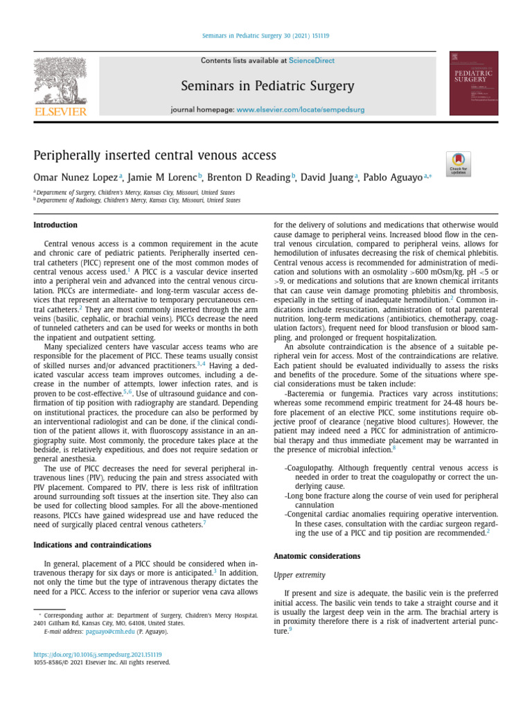 Peripherally Inserted Central Venous Acces - 2021 - Seminars in Pediatric Surger | PDF | Vein ...