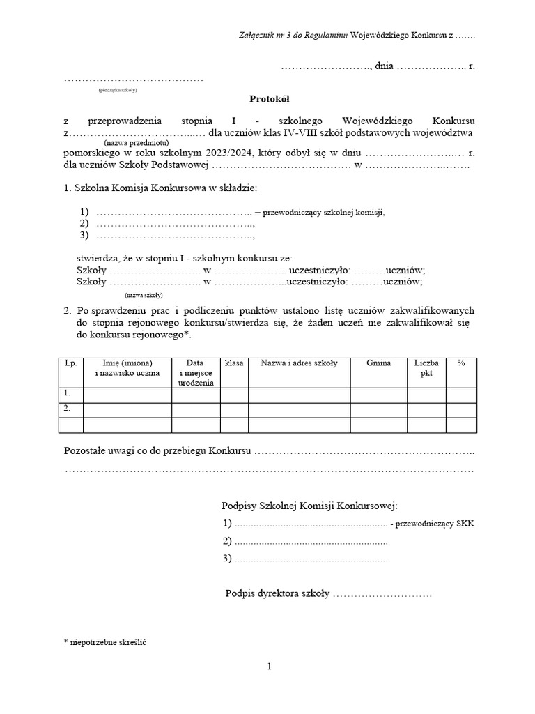 Zalacznik NR 3... Protokol Stopien I Szkolny | PDF